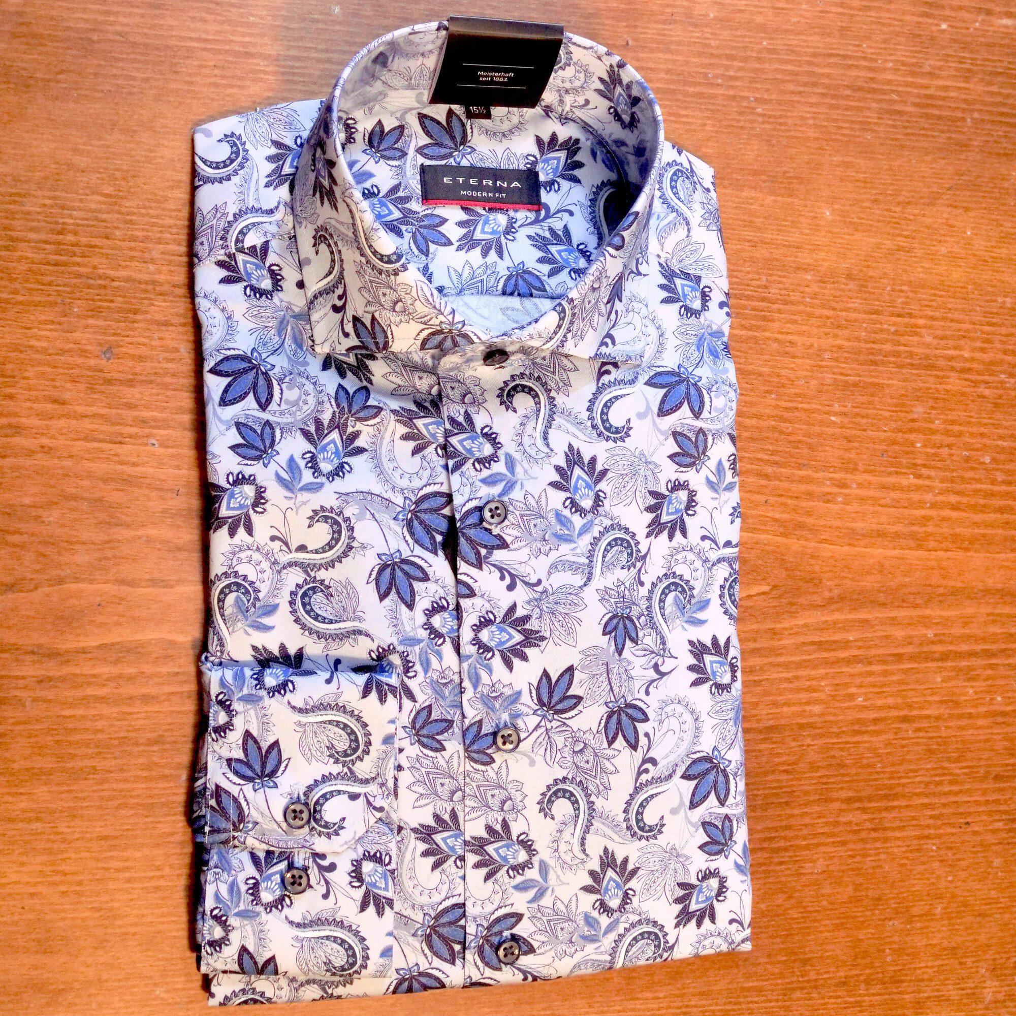 Eterna white shirt with large blue flowers and foliage - Gabucci ...