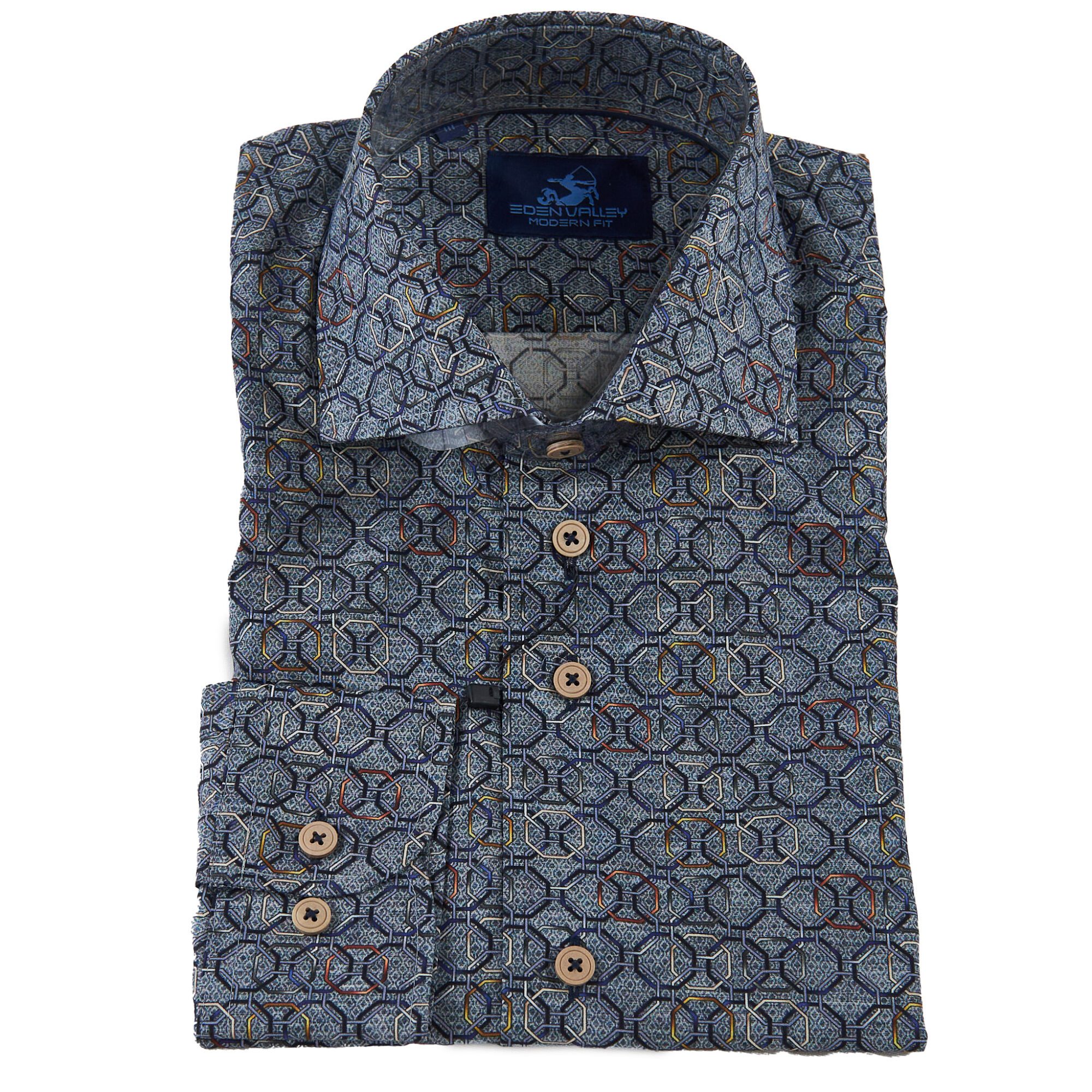 Eden Valley grey shirt with colourful interlocking octagons - Gabucci ...